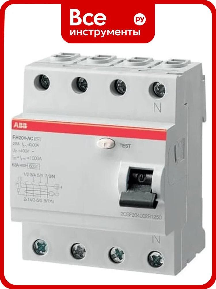 Выключатель дифференциального тока ABB 4 модуля FH204 AC-25/0,3 2CSF204003R3250, модуль DIN, защита IP20, рабочий