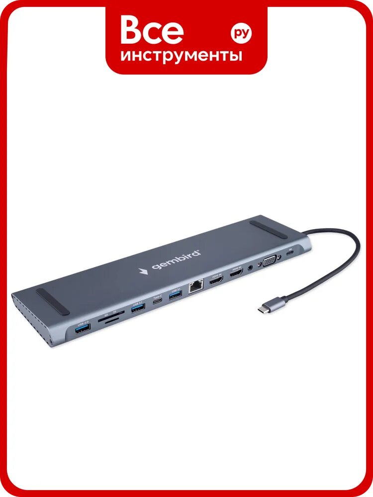 Док-станция Gembird Type-C, 12в1: 2xUSB3.1, USB2.0, RJ45, Type-C PD87W, Jack 3.5, SD/TF, 2xHDMI, VGA, Type-C, кабель 23см, алюминий, UHB-D6