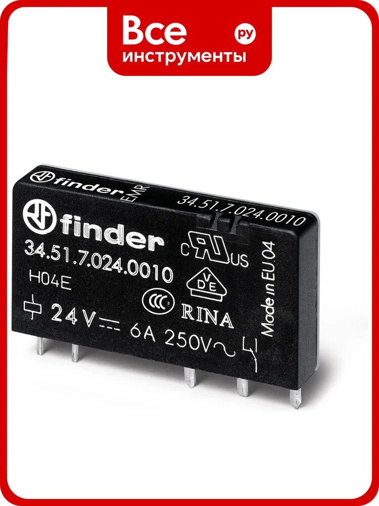 Набор Ультратонкое электромеханическое реле FINDER 345170240010 20шт; монтаж на печатную плату; 1CO 6A; контакты AgNi; катушка 24В DC (чувствит.); степень защиты RTII 345170240010V20