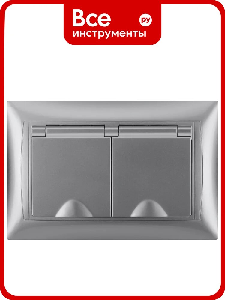 Розетка двойная TDM ELECTRIC 2П+З, 16А, 250В, IP44, с защитными шторками, с крышкой, серебристый металлик