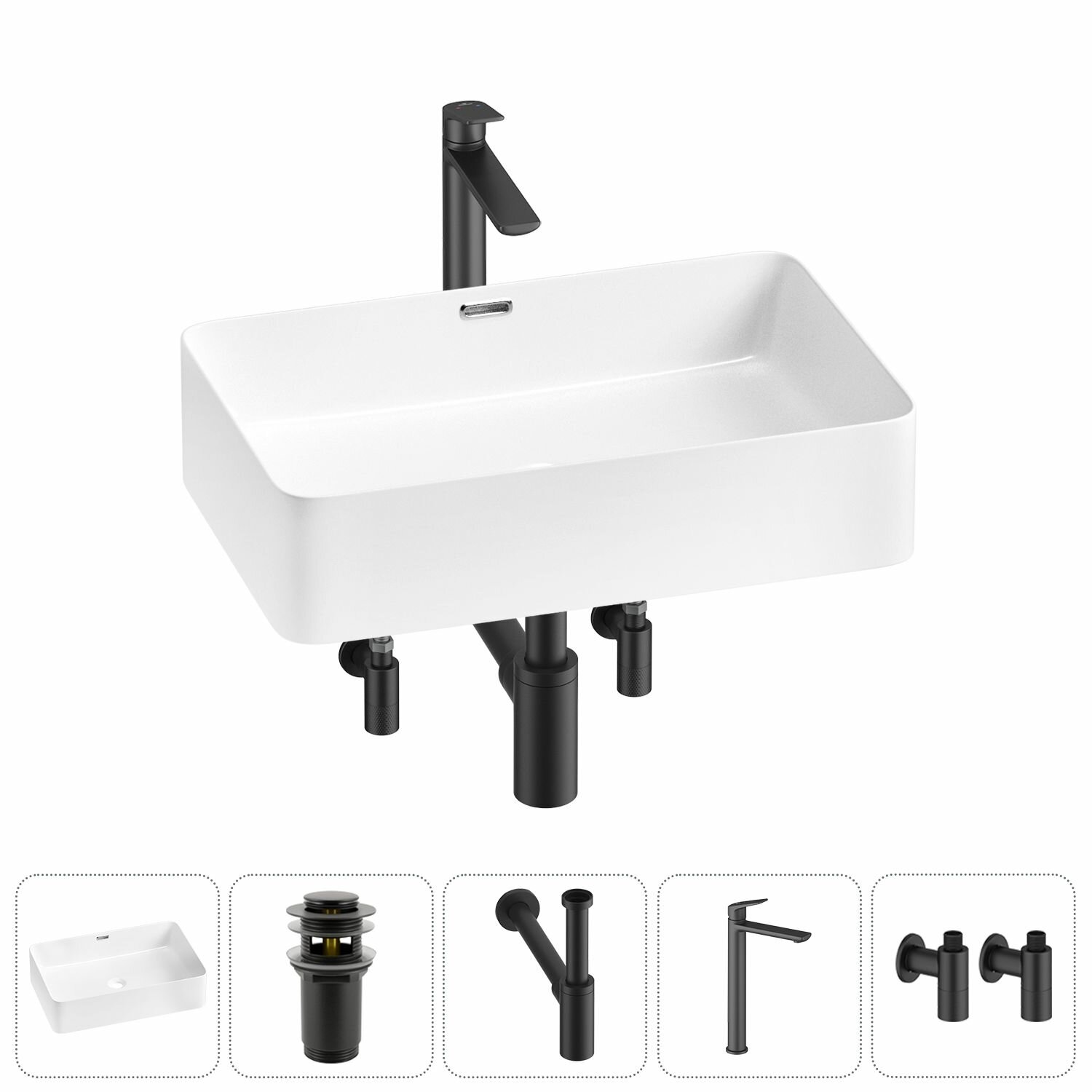Накладная раковина для ванной 60 см Lavinia Boho Sink 20215252R в наборе 5 в 1: керамическая раковина (белый глянец), донный клапан, сифон, смеситель, вентили (цвет набора матовый черный)