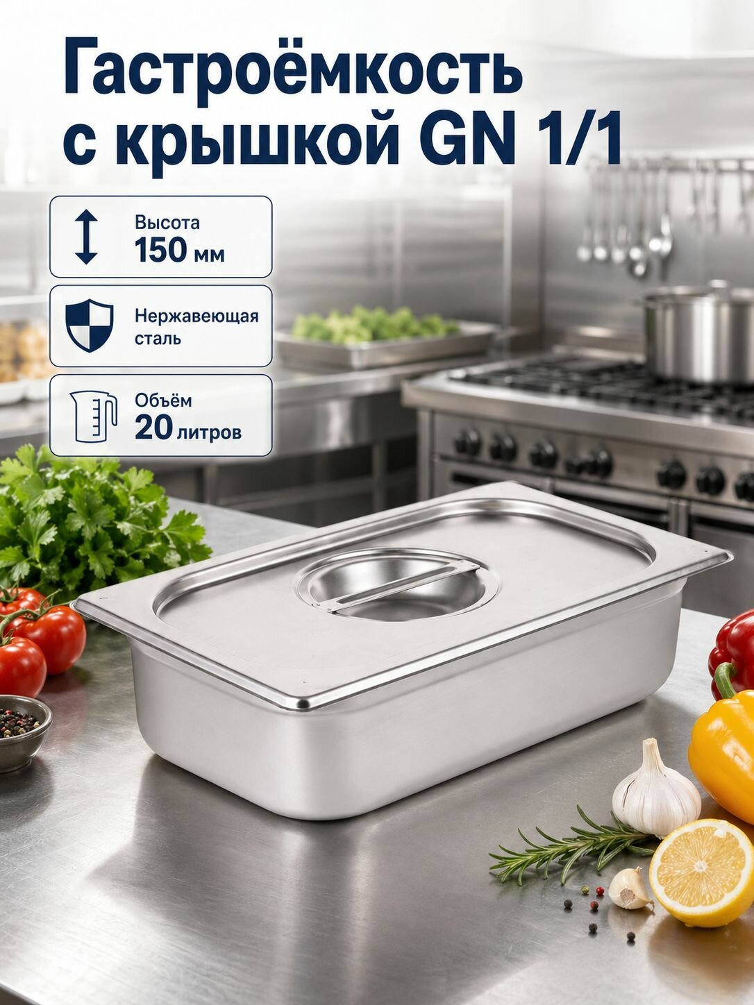 Гастроемкость GN 1/1-150 мм с крышкой нержавеющая сталь