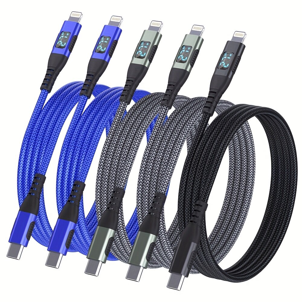 5 шт USB-C Lightning кабель с цифровым дисплеем, 3 м, нейлоновая оплетка, MFi, смешанные цвета (синий, синий, зеленый, зеленый, черный)