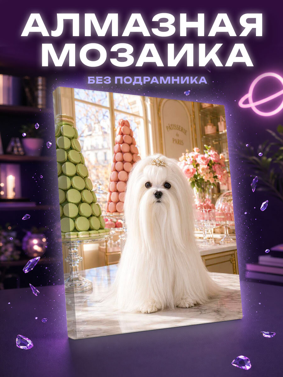 Алмазная мозаика Мальтийская болонка среди гортензий