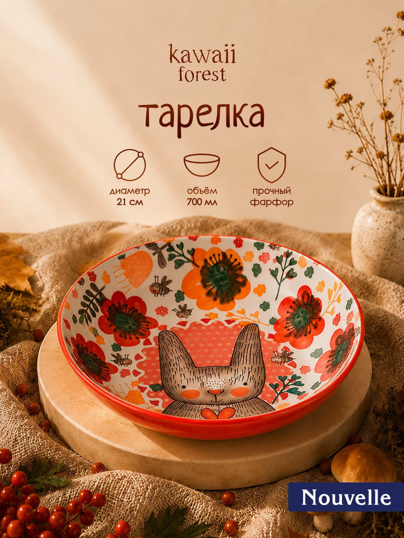 Тарелка глубокая круглая 700 мл "Kawaii" заяц, 21х21х4,5 см, фарфор, Nouvelle