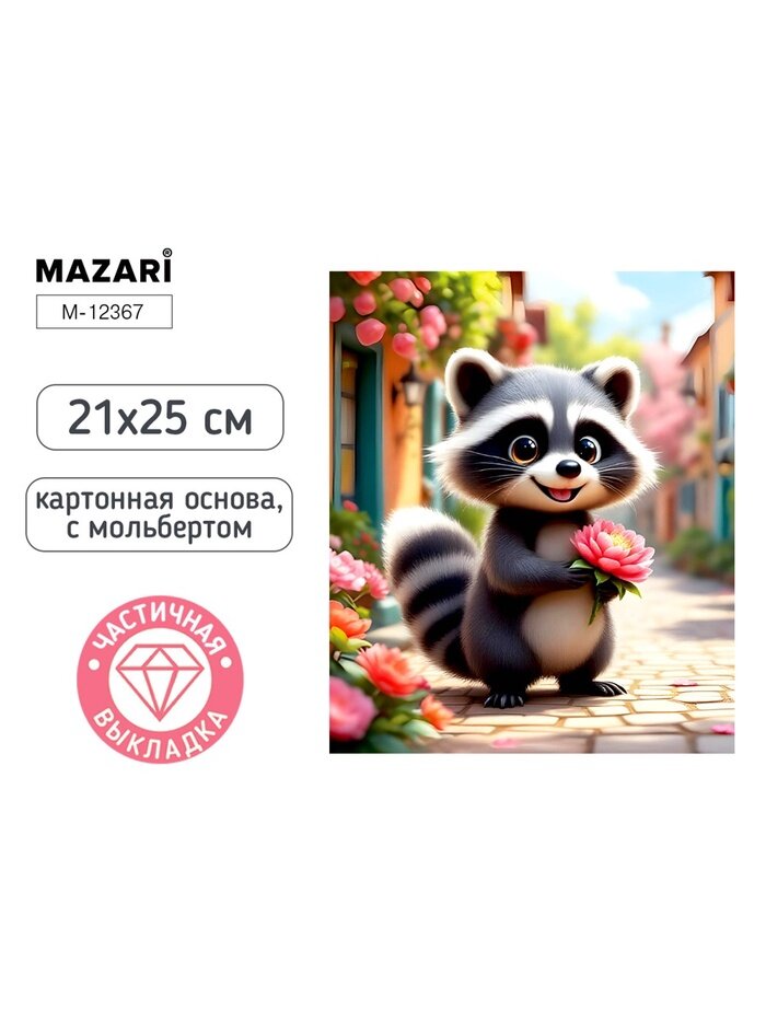 Алмазная мозаика «Енот с лотосом» 21 × 25 см, с мольбертом