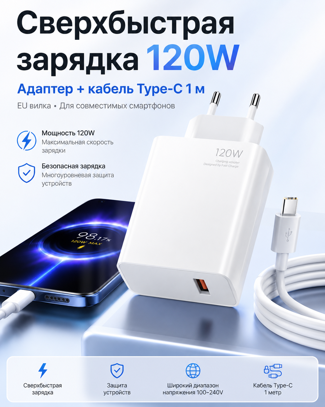 Зарядное устройство 120W EU с кабелем Type-C 1м, быстрая зарядка USB для смартфонов Xiaomi Redmi