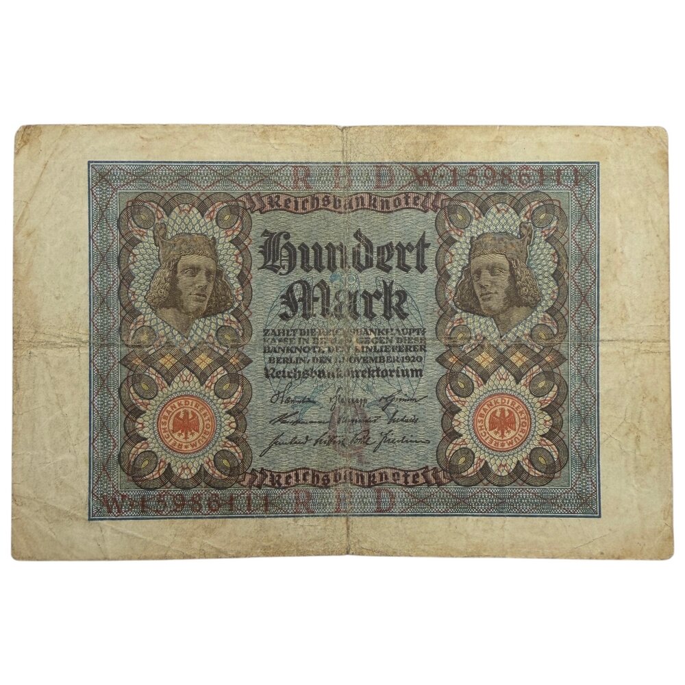 Веймарская республика (Германия) 100 марок 1920 г. (Литера Q) (Серия W) (8-значный номер)