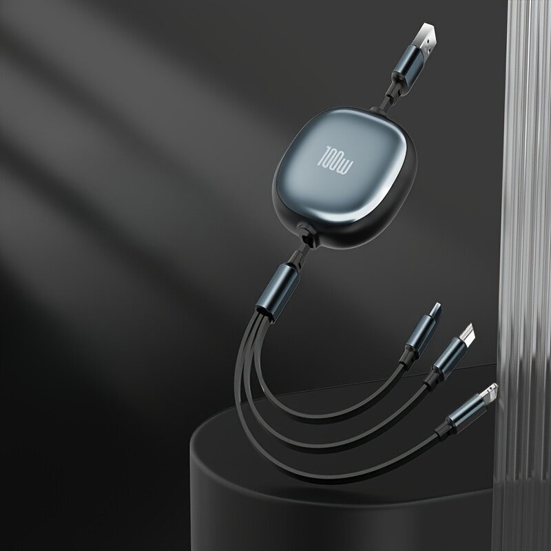 Выдвижной зарядный кабель USB 3-в-1 100 Вт, разъемы USB-C и Micro USB, для iPhone 13/14/12/11/X, Huawei, передача данных 480 Мбит/с, цвет черный