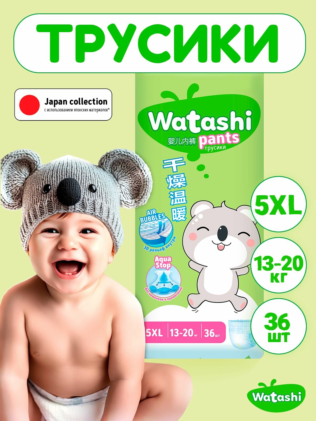 Подгузники трусики 5 XL размер детские, 13-20 кг, 36 шт, WATASHI