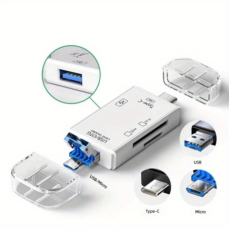 Универсальный USB кард-ридер для SD, TF, USB C, OTG флешек и адаптеров, белый