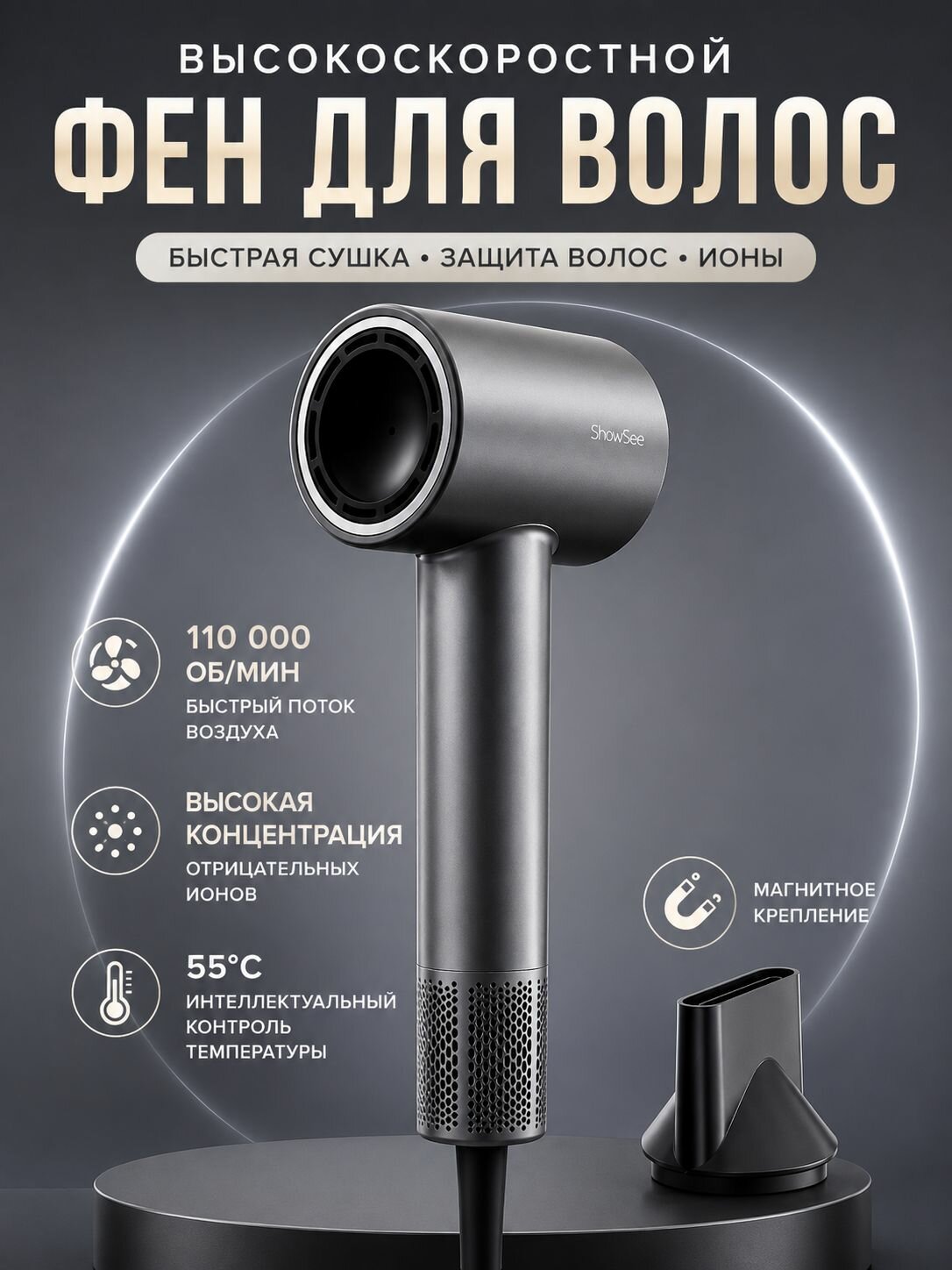 ShowSee A18 фен 110k об/мин, бесщеточный, ионы, NTC, магнит, сушка+укладка