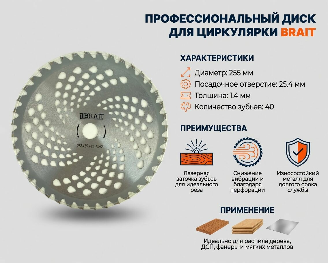 Нож для триммера BTB40-1 255 мм, 40 зубьев с победитовыми напайками, диск для мотокосы