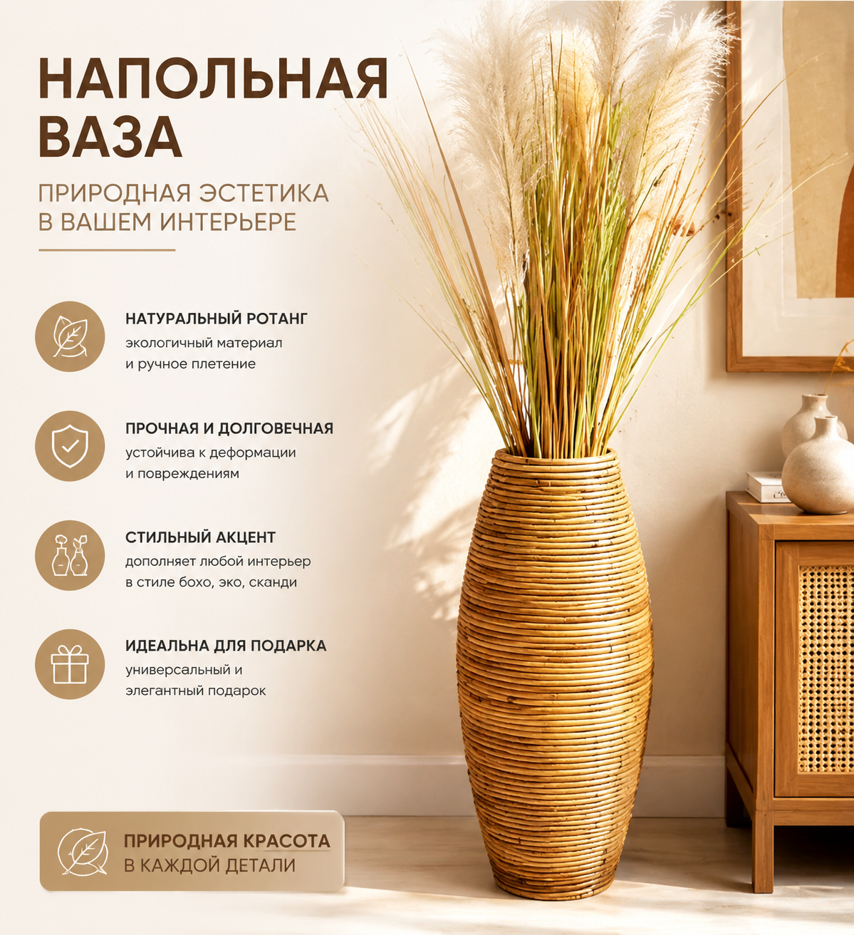 Высокая напольная ваза из натурального ротанга ручного плетения для сухих растений и декора