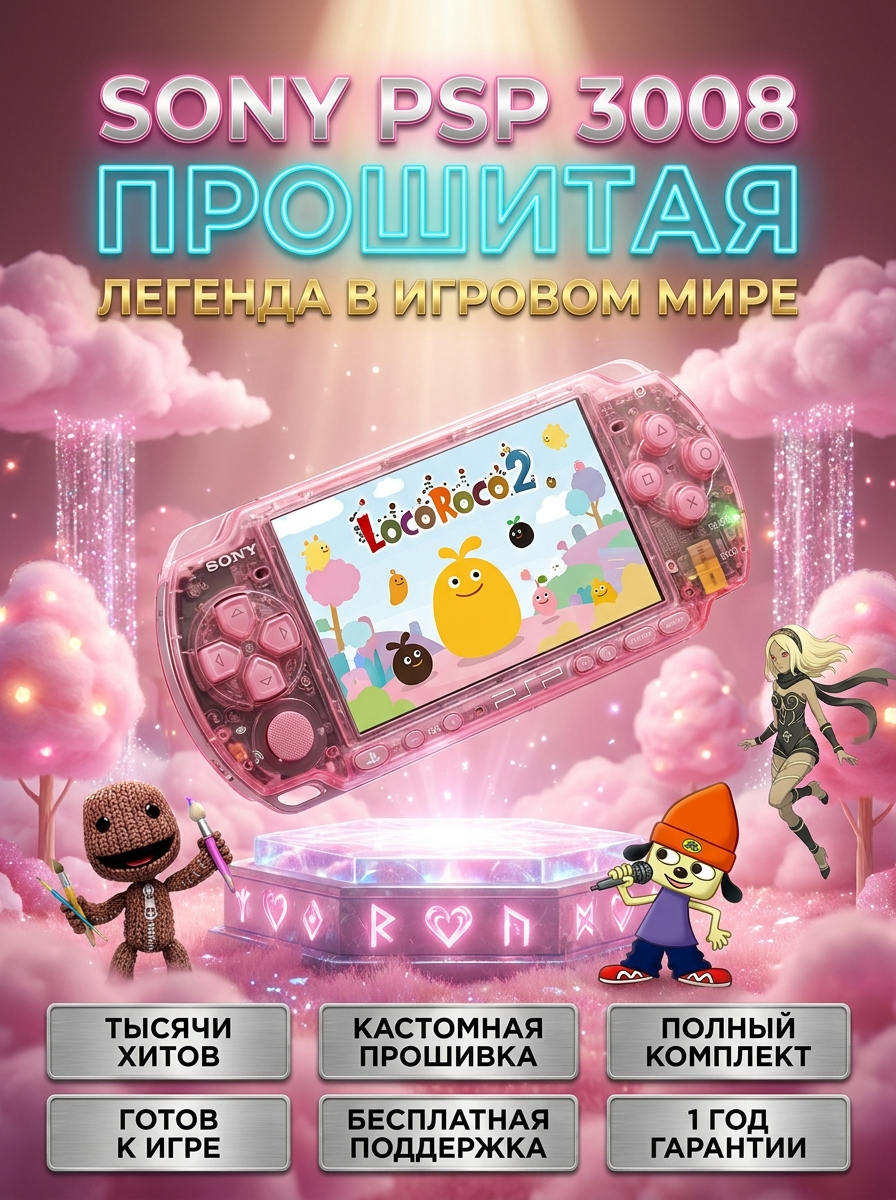 Новая игровая приставка Sony PSP 3008 Slim Прозрачно-розовый 64Gb 3000+ ИГР