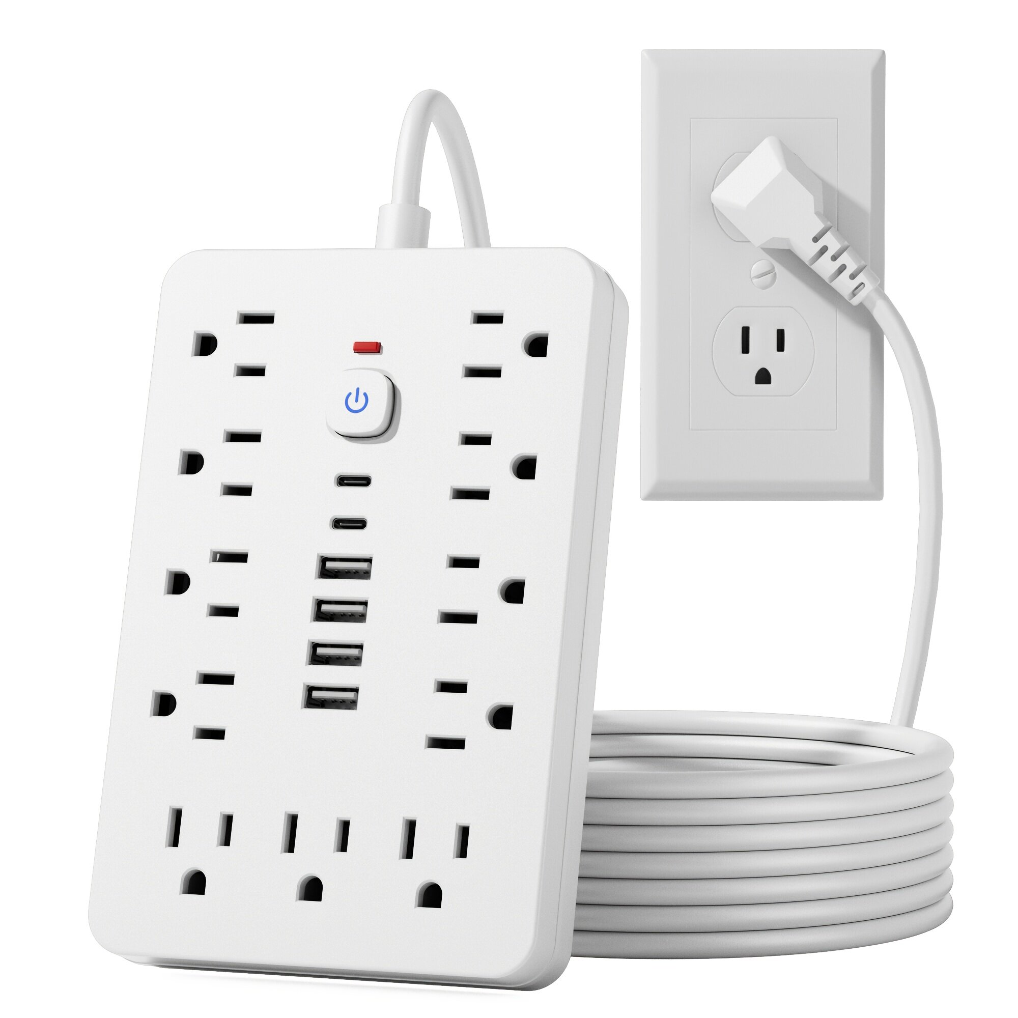 Настенная розетка 17-в-1, белая, кабель 1.5 м, 11 розеток, 4 USB-A и 2 USB-C, плоская вилка, защита от перегрузки