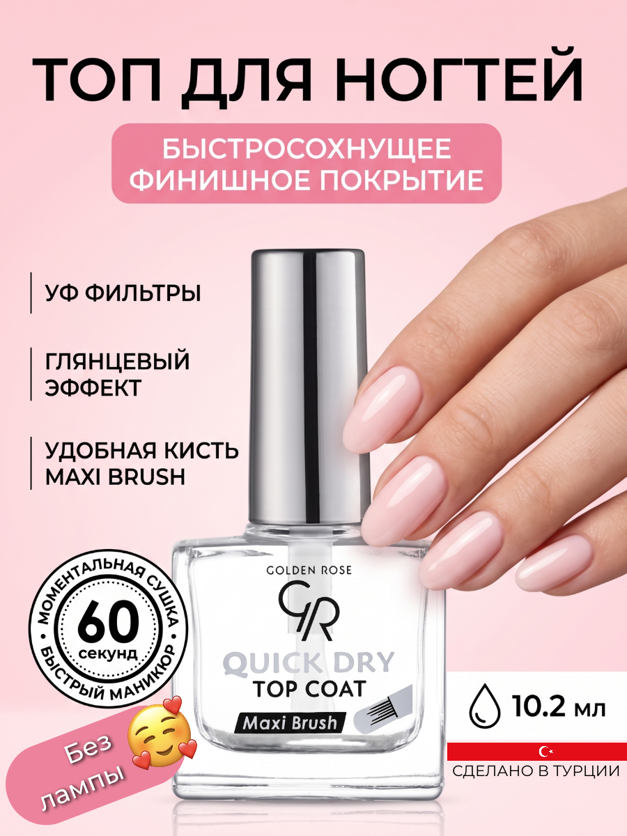 Быстросохнущий ТОП для ногтей без лампы, глянцевая быстрая сушка для лака завершающая без липкого слоя с УФ фильтрами Golden Rose Quick Dry Top Coat Глянцевый финиш для маникюра педикюра