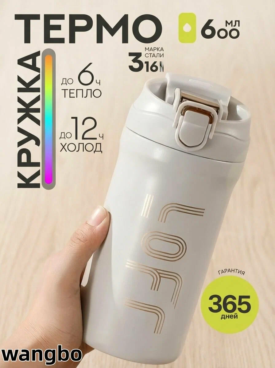 Термокружка для чая и кофе 600 мл, кружка термос непроливайка автомобильная и походная, черная