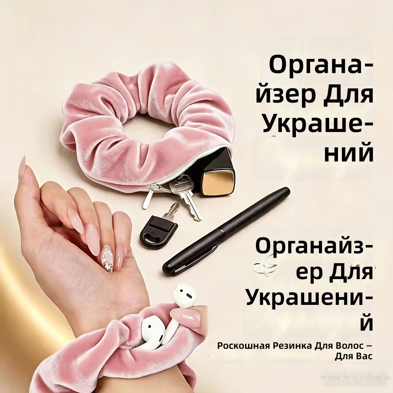 Бархатная резинка для волос с кармашком, розовая, 1 штука, для путешествий и вечеринок