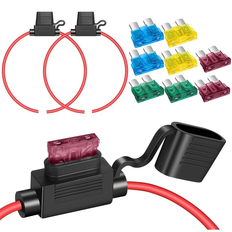 Комплект из 2 держателей предохранителей ATC/ATO 10 AWG врезных с водонепроницаемой крышкой, в комплекте 8 предохранителей: 15A/20A/30A/40A по 2 шт, для авто, RV, лодок, гольф-каров, сельхозтехники и освещения