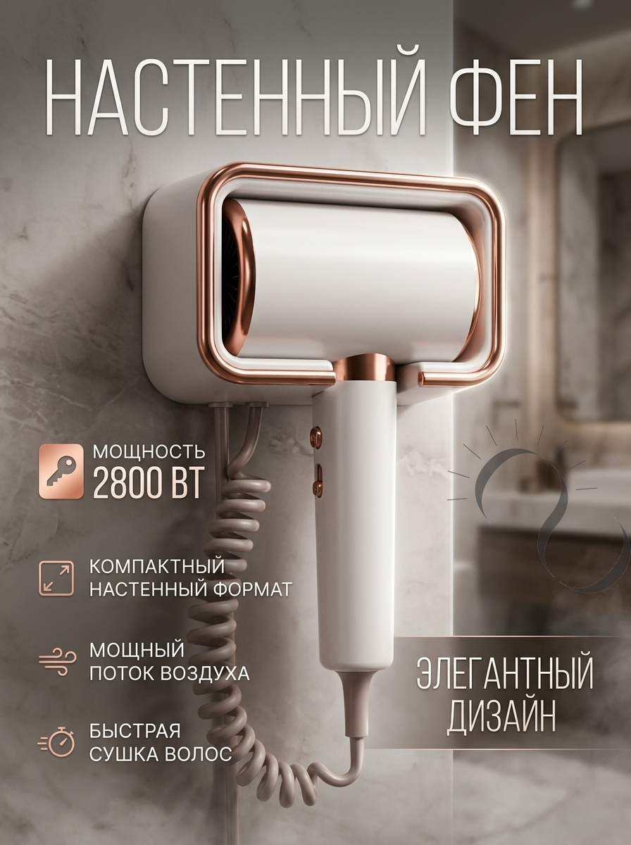 Фен для волос, профессиональный, настенный, подвесной золотистый / белый