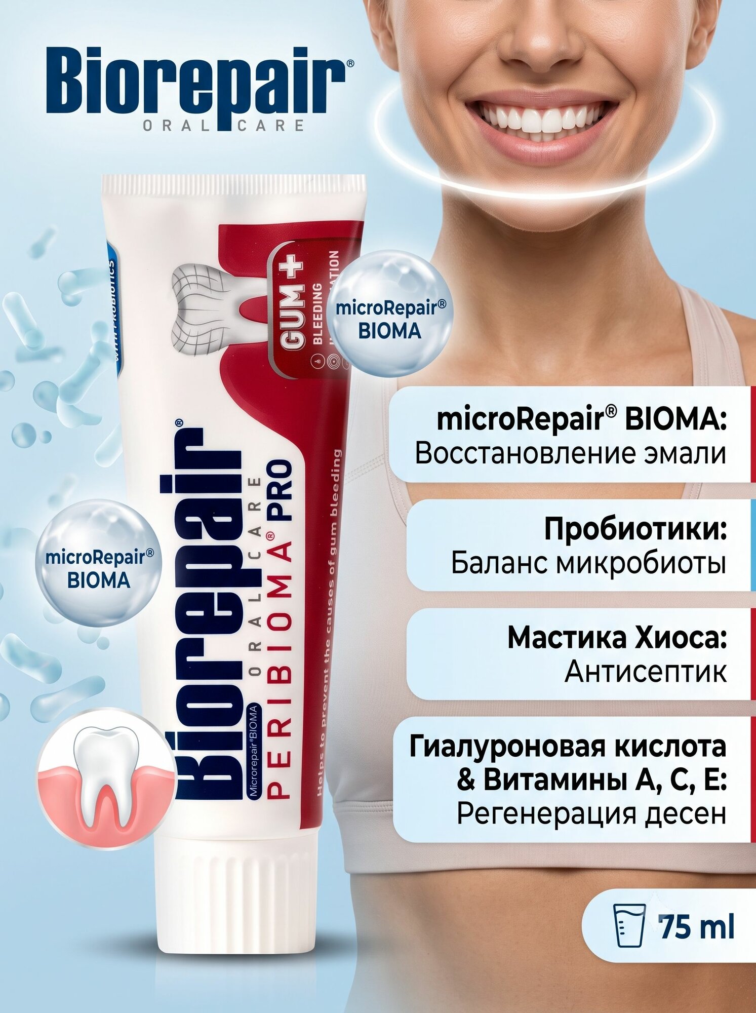 Biorepair Зубная паста Peribioma Pro Gengive+, усиленная формула, без фтора, 75мл