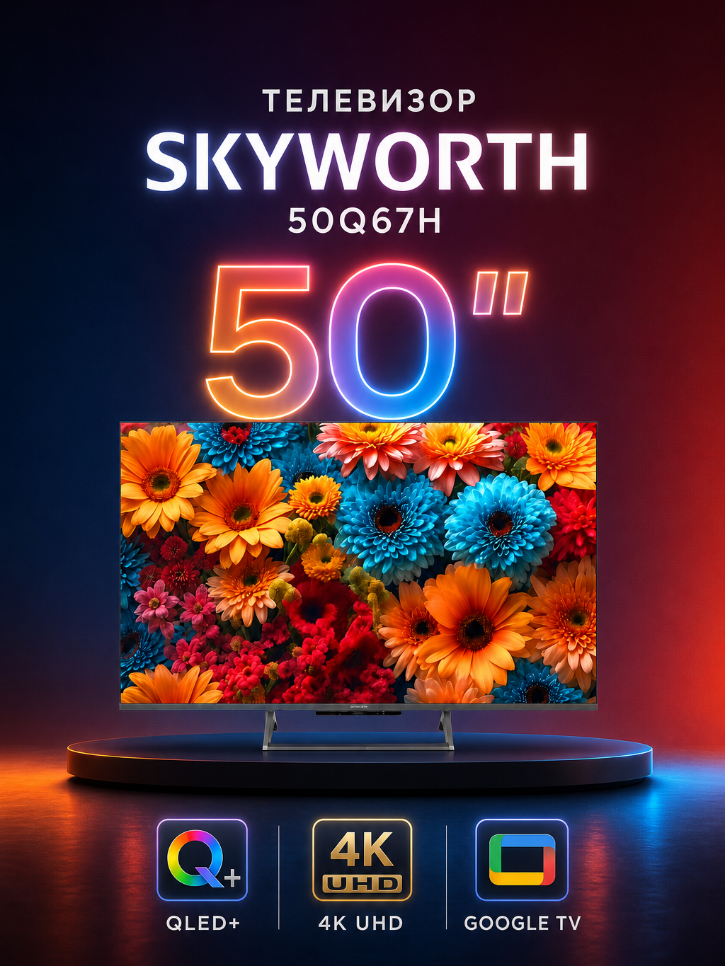 Телевизор Skyworth 50" 50Q67H, QLED+, 4K Ultra HD, Google TV, черный