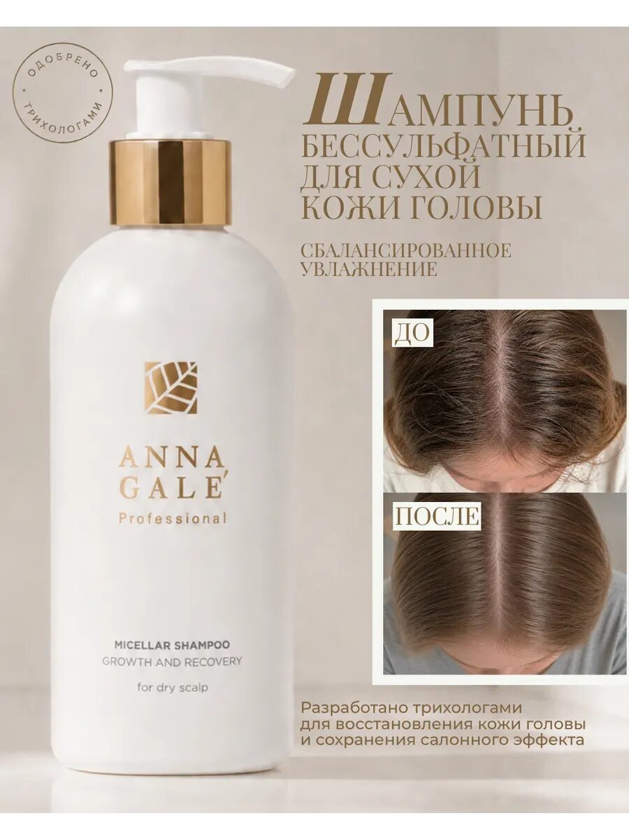 Шампунь ANNA GALE, для роста волос, профессиональный для сухой кожи головы, бессульфатный, 250мл