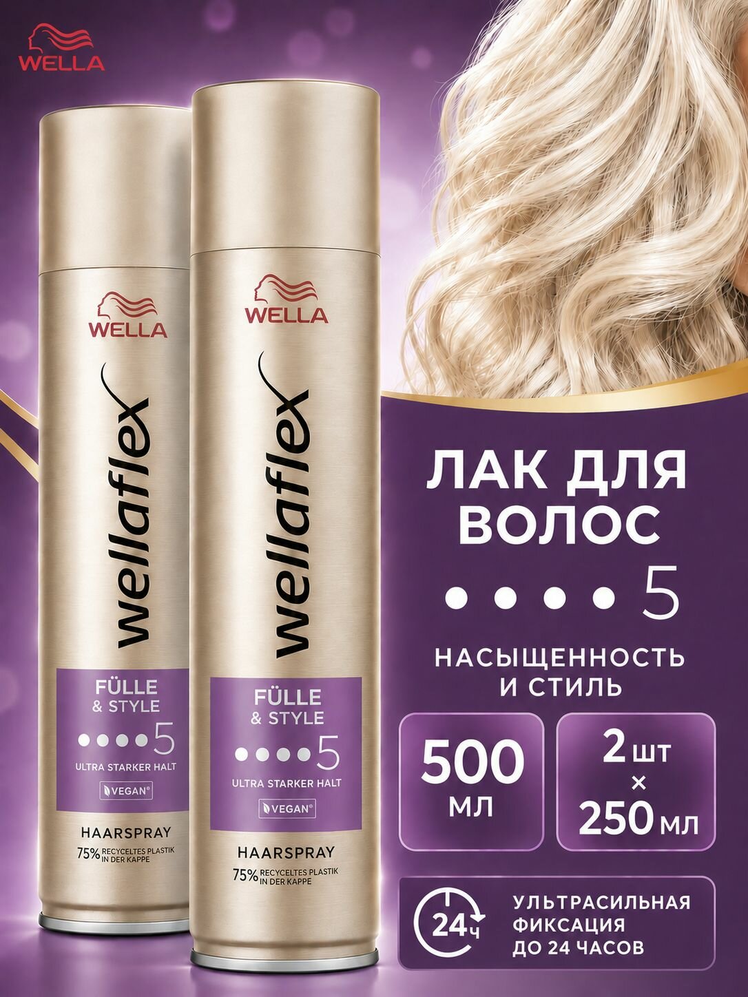 Лак для волос, "WELLA Wellaflex", насыщенность и стиль (суперсильная), Hairspray FULLE & Style, 250 мл. 2 шт.