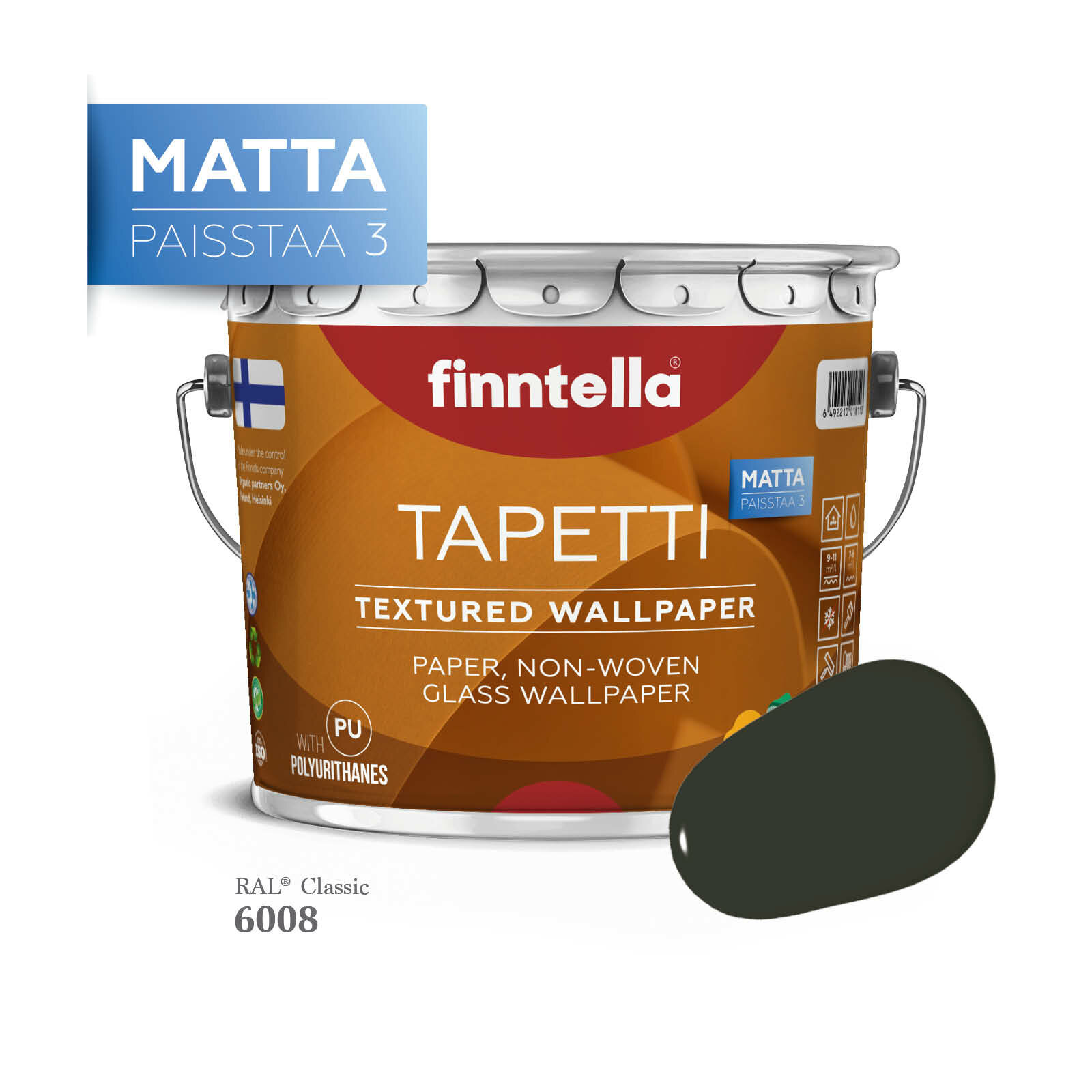 Матовая краска для обоев под окраску TAPETTI Matta FINNTELLA, Цвет RAL 6008 Коричнево-зеленый (Brown green), 2,7л