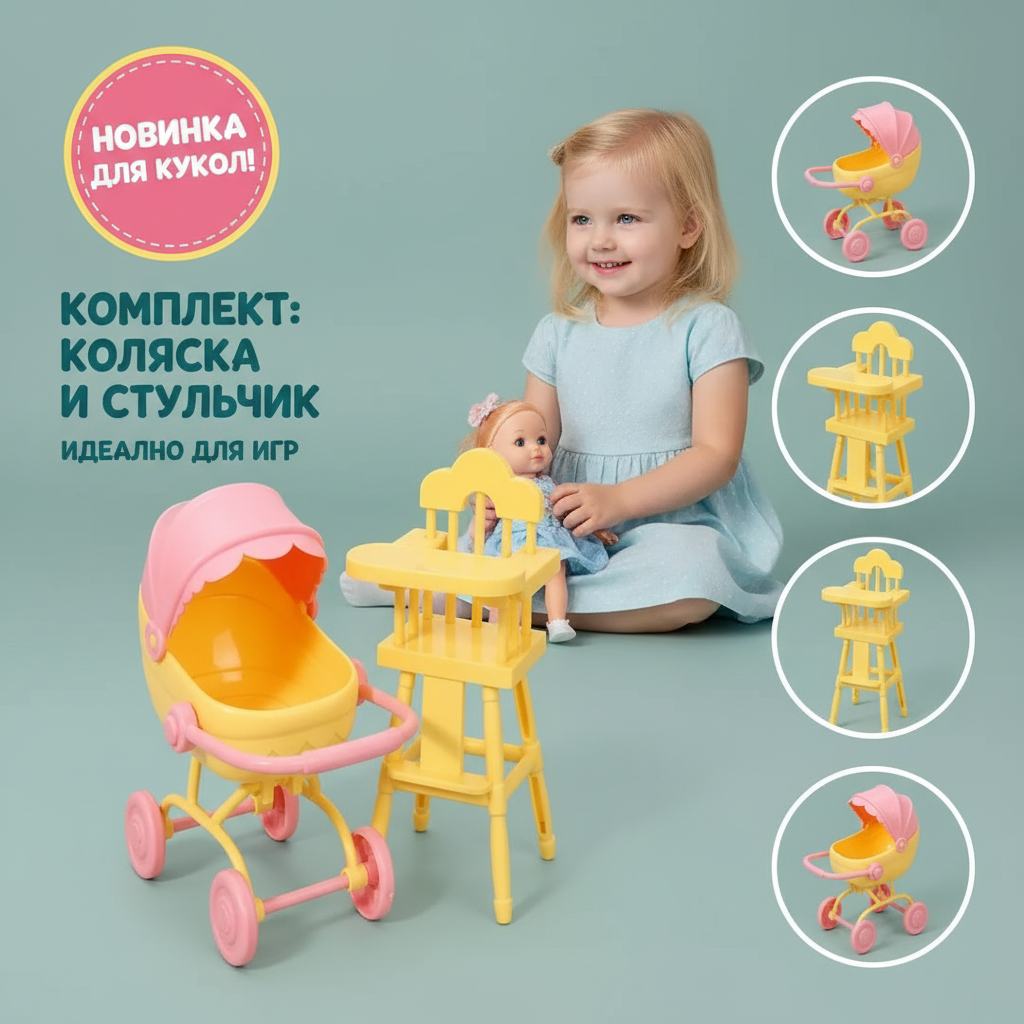 Эксклюзивная коляска для кукольных прогулок с эргономичным дизайном, габариты 9.20x7.30x6.10 см