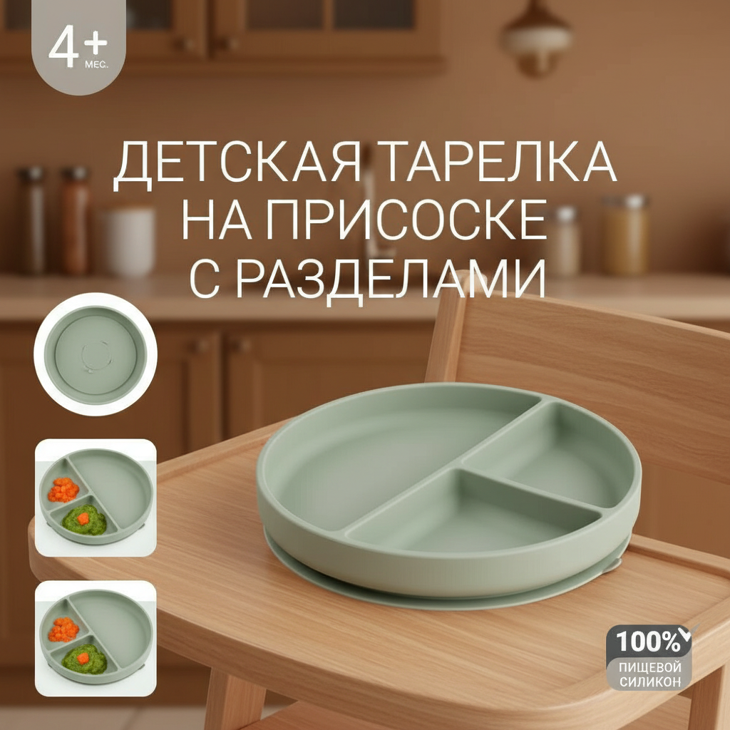 Секционный детский поднос на липучке силикон шалфейный тонкий