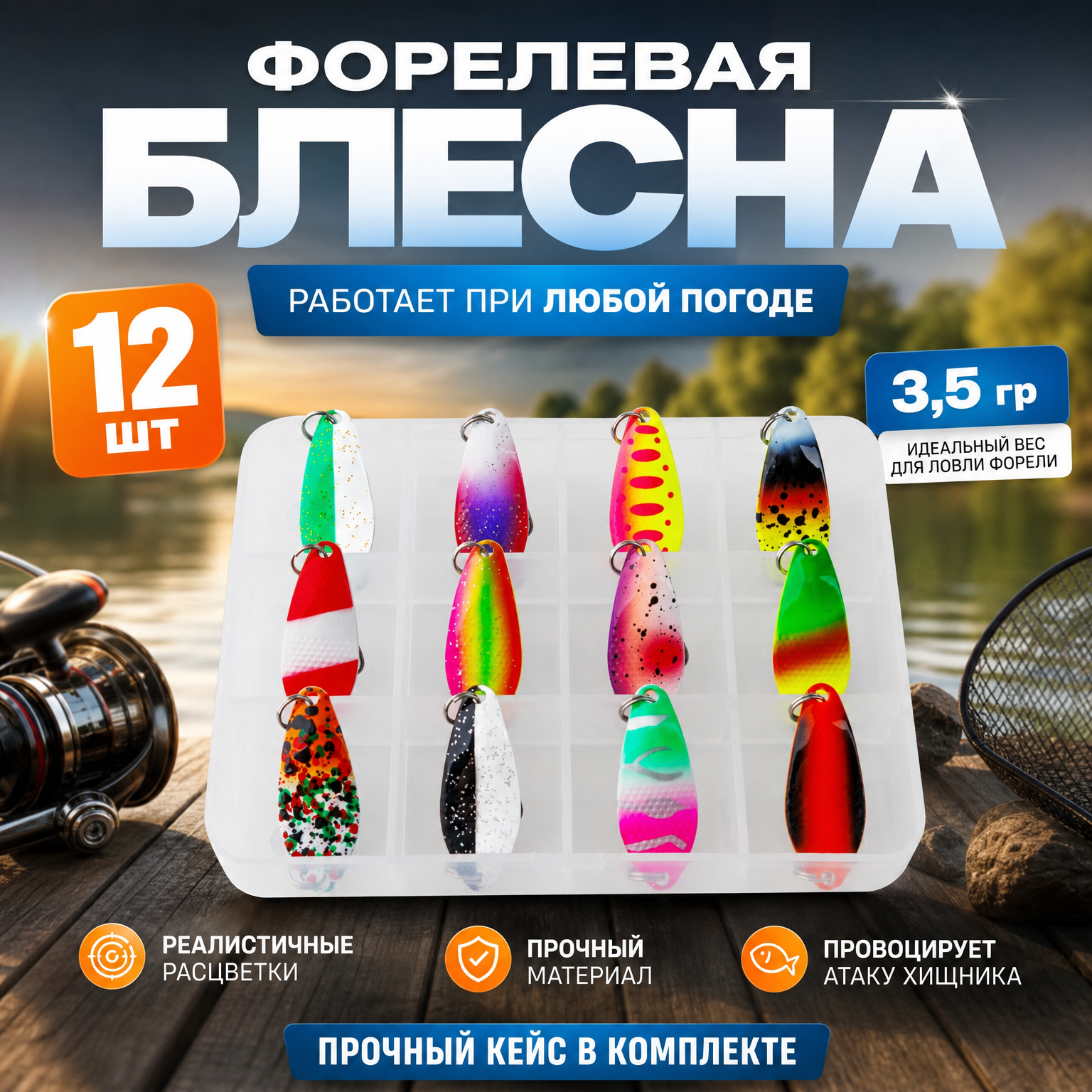Форелевая блесна колебалка для рыбалки набор в кейсе 3.5гр, 12 шт. (Цвет товара: форелевые блесны 12 цветов набор 4; Длина: 50 мм)