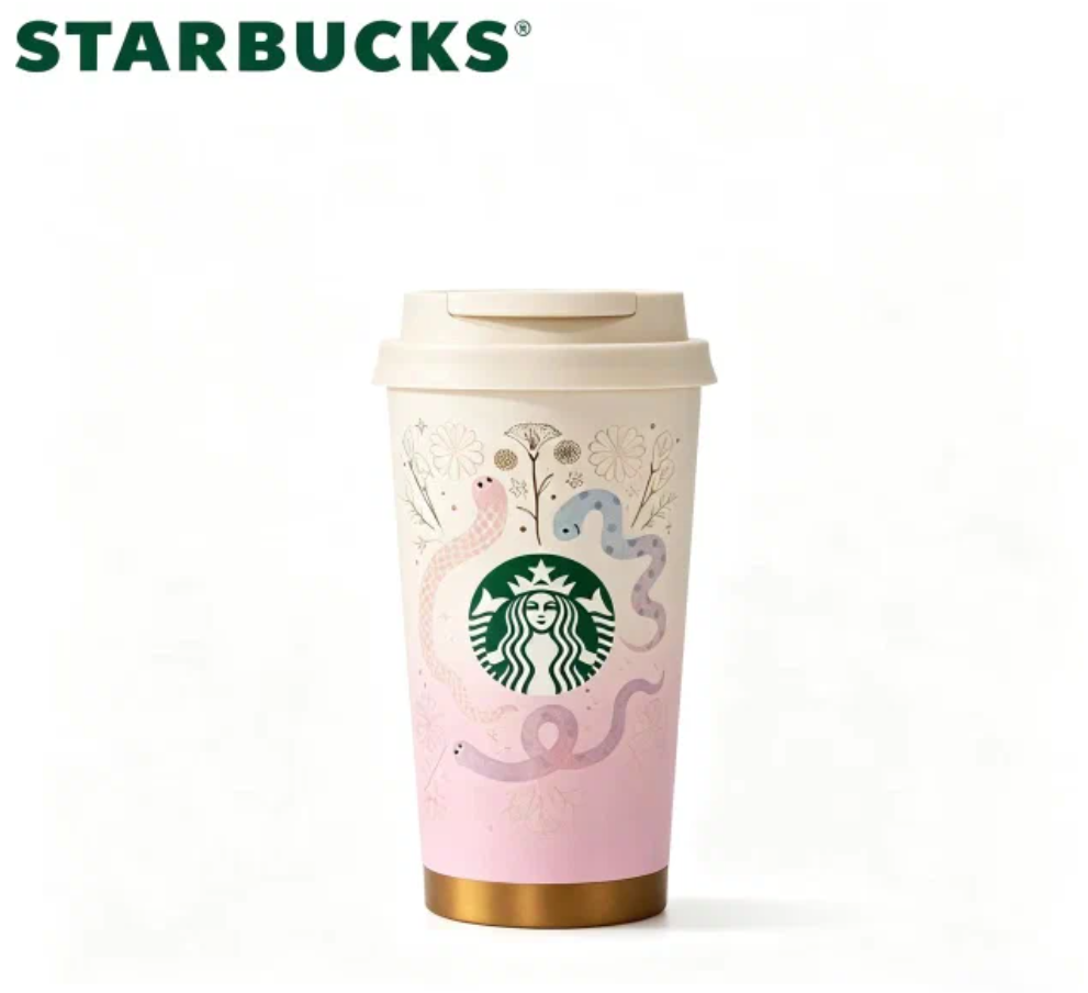 Бутылка для воды Starbucks Golden Snake Cherry Blossom из нержавеющей стали 316 с трубочкой, большой объем 520 мл.