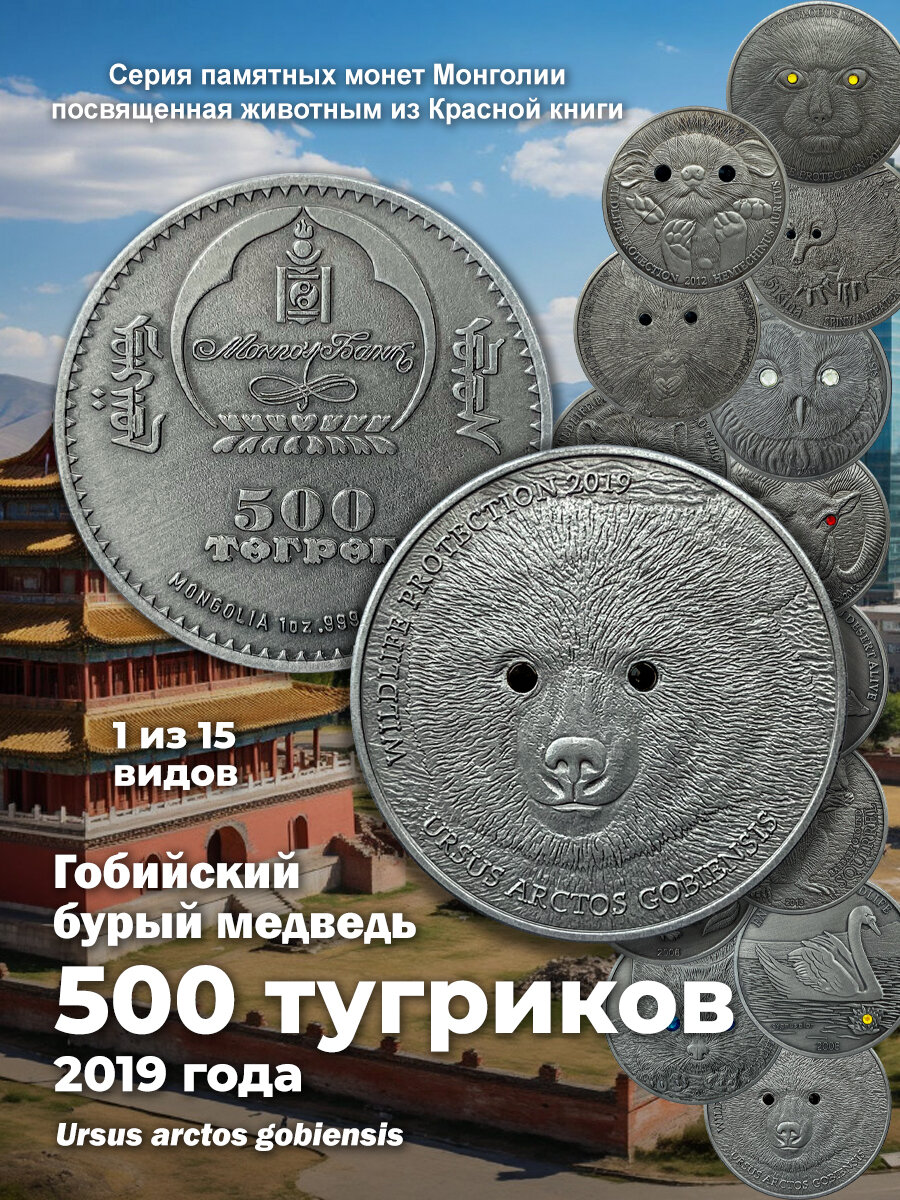 Монета 500 тугриков 2019 Монголия, Гобийский бурый медведь мазалай, сувенир