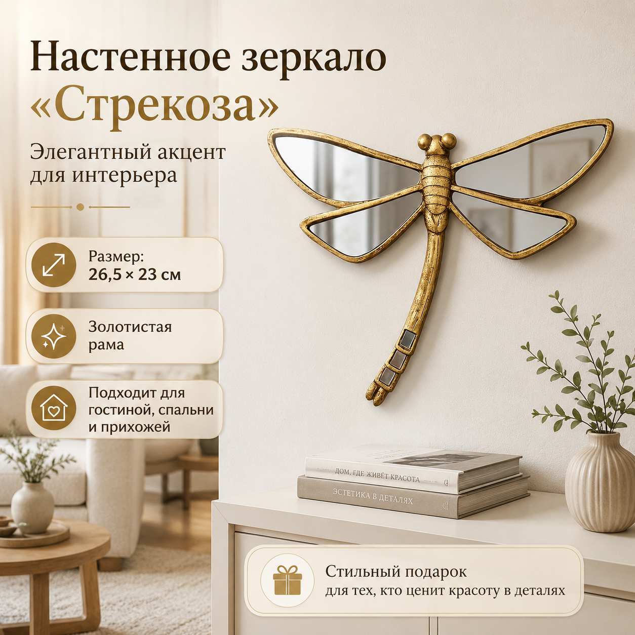Зеркало с золотой стрекозой (настенный декор, винтажный стиль)Размер: 26,5*23 см