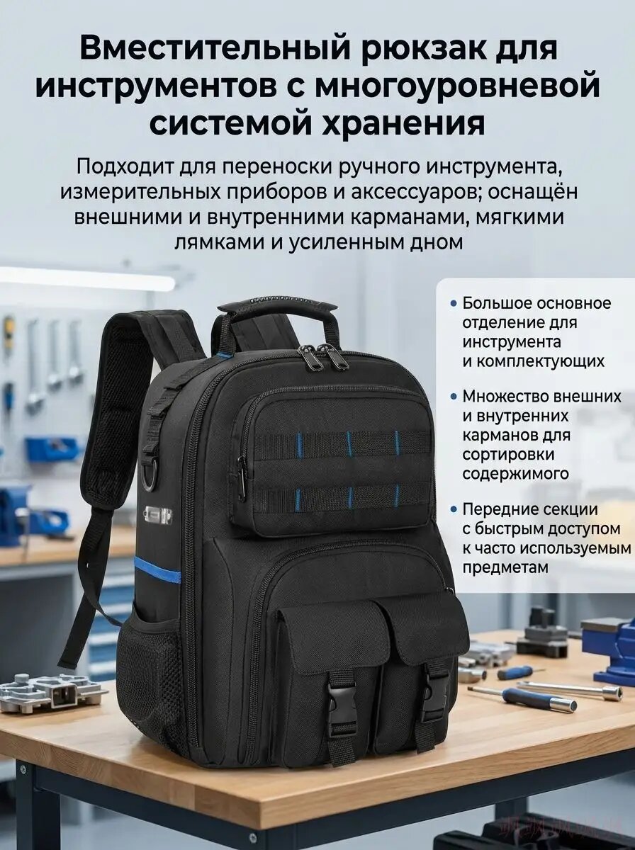 Рюкзак для инструментов с органайзером, влагостойкая сумка для хранения и переноски, много карманов, усиленное дно, мягкие лямки, съемная вставка