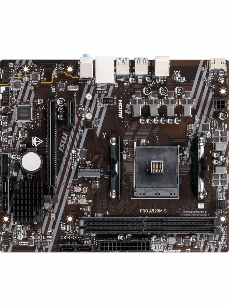 Материнская плата MSI PRO A520M-S Soc-AM4 AMD A520 2xDDR4 mATX AC 97 8ch(7.1) GbLAN RAID+HDMI