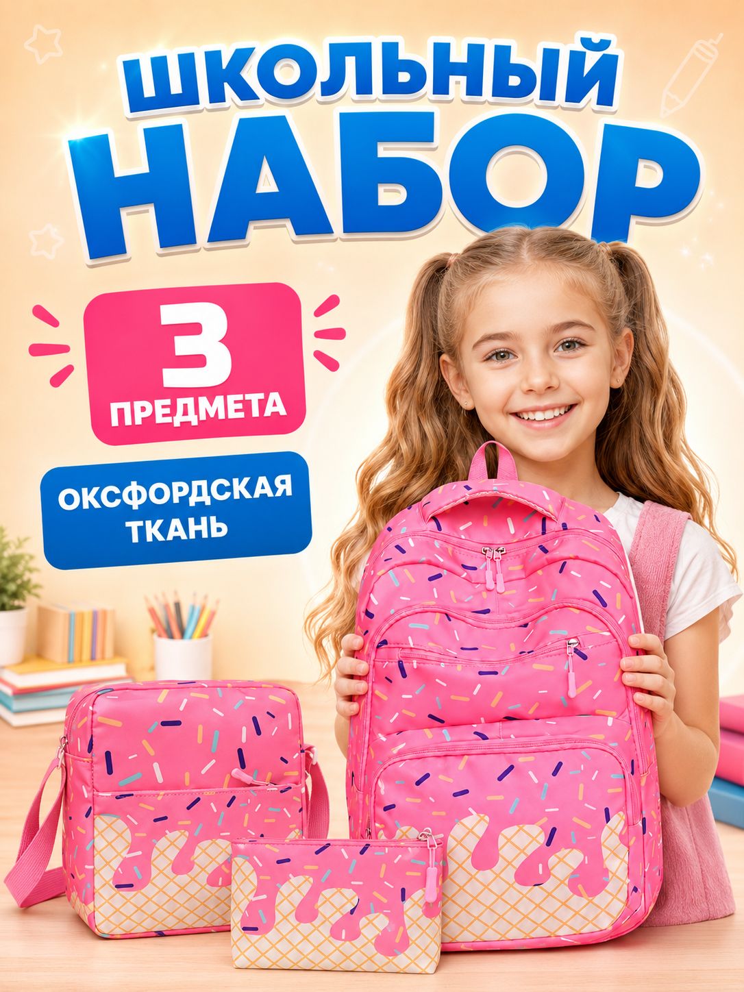 Школьный рюкзак для девочки 3в1, комплект в школу, портфель подростковый, розовый