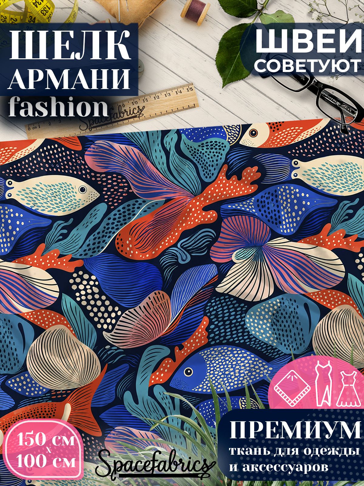 Ткань для шитья шелк Армани, искусственный шелк для костюмов, платьев, юбок с принтом Тропические рыбы