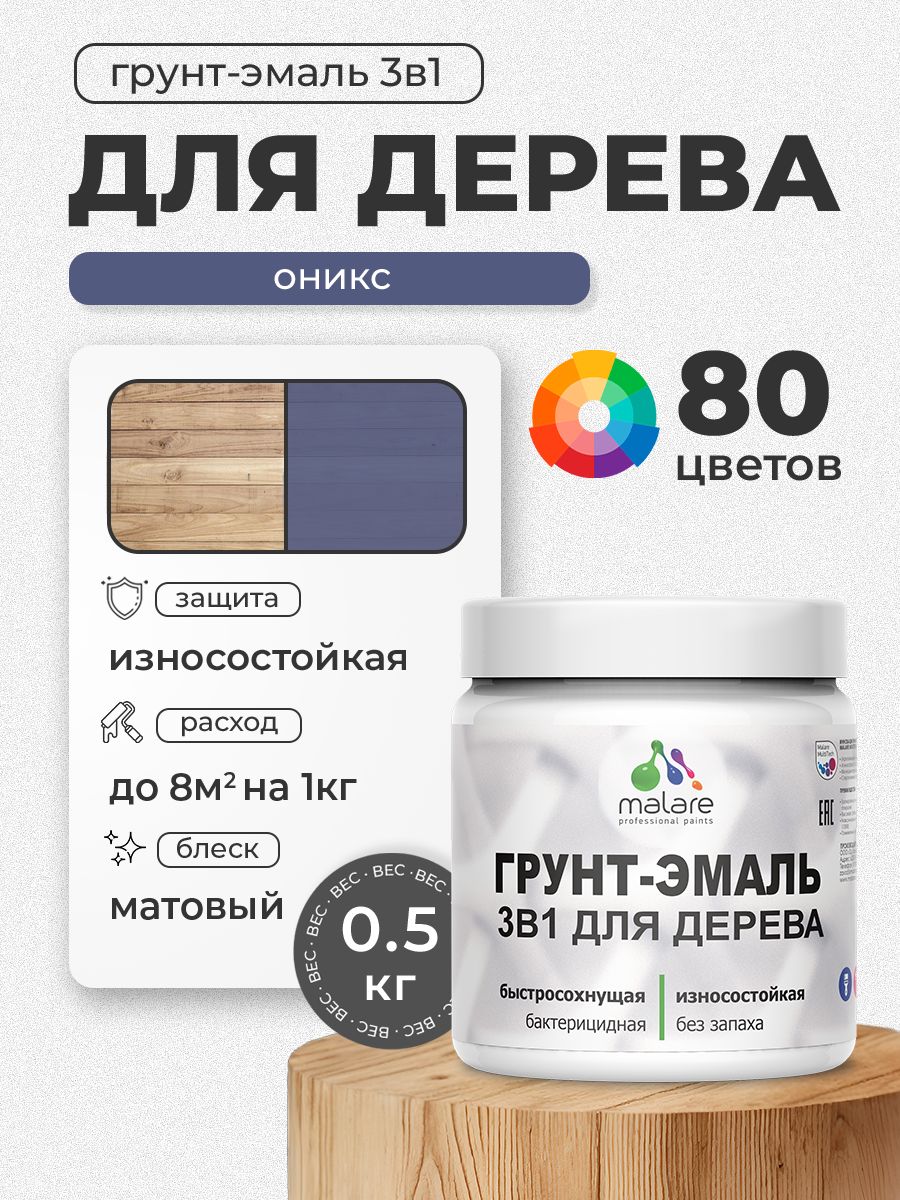Акриловая Грунт-Эмаль 3 в 1 Malare для деревянных поверхностей/ краска по дереву с антисептическим эффектом/ быстросохнущая моющаяся без запаха матовая, оникс, 0.5 кг