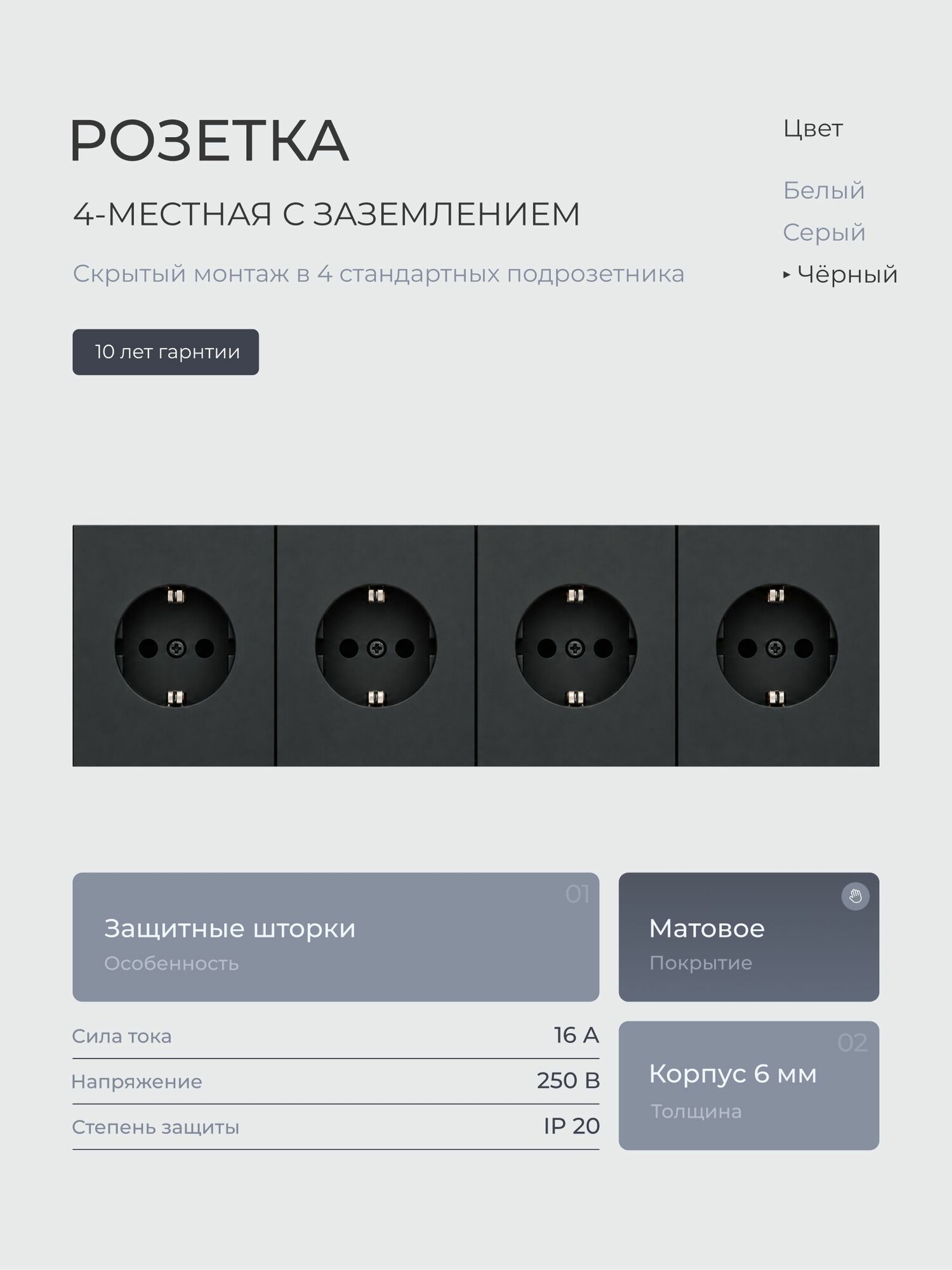 Розетка четверная LAITYS черная матовая, внутренняя, 4 поста, с заземлением, с рамкой, 16 А, 250 В