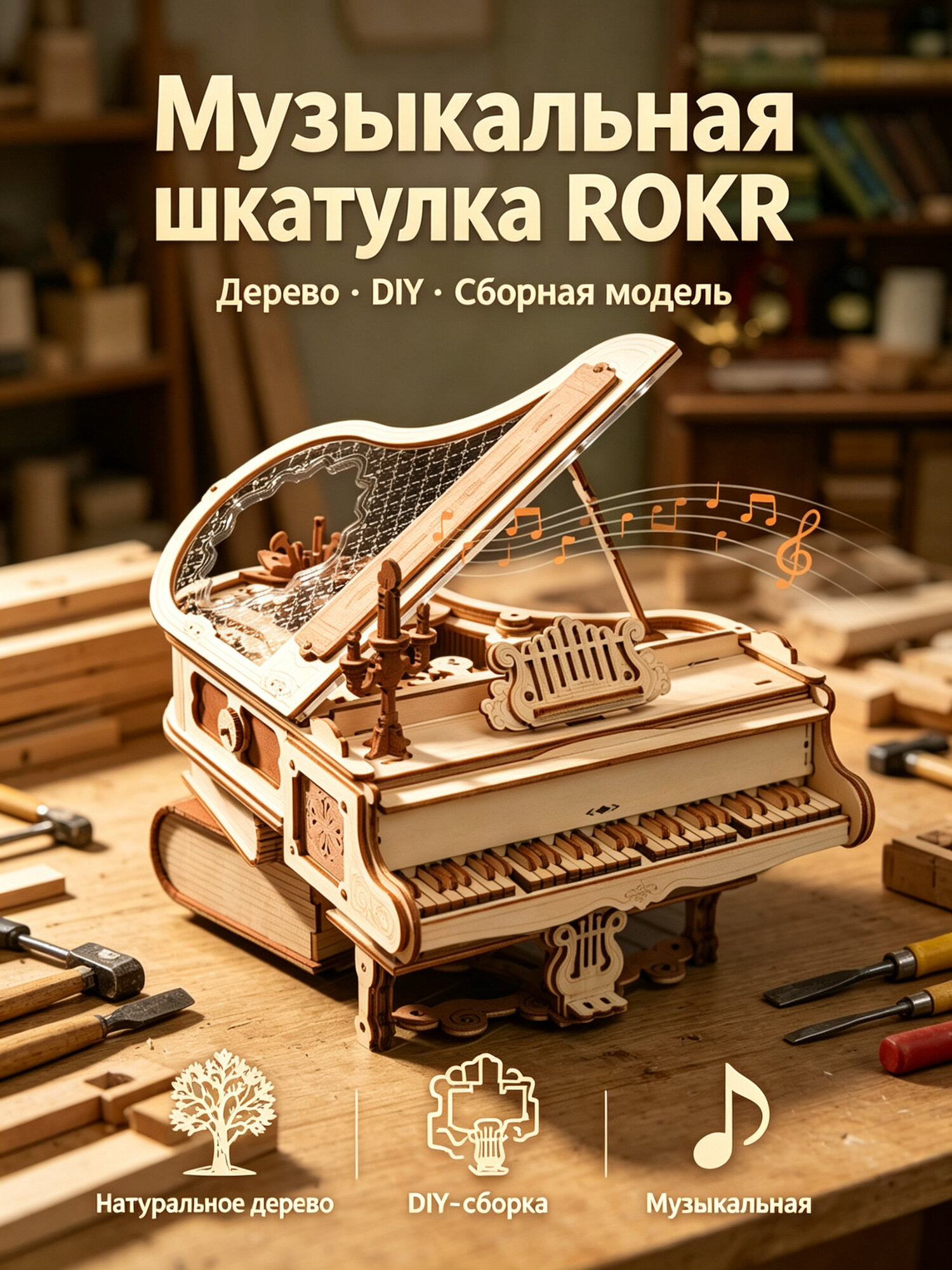 Деревянная музыкальная шкатулка-конструктор ROKR AMK — DIY-набор для творчества и хобби, сборка своими руками