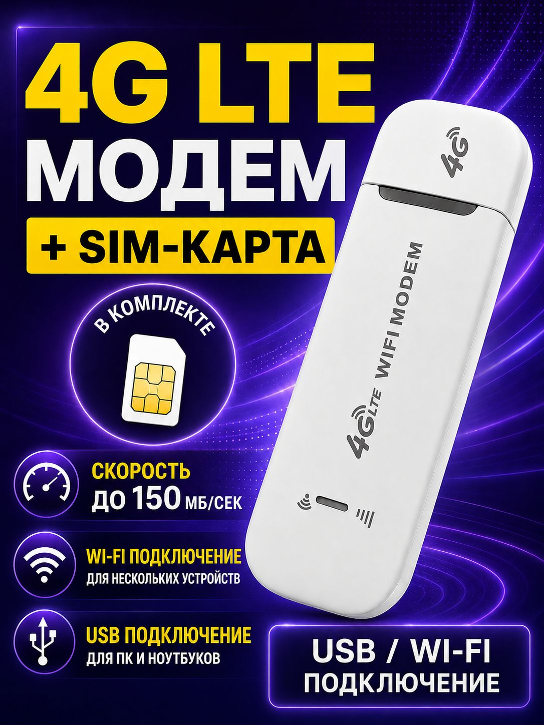 Модем 4G WiFi с сим в комплекте, USB модем для сим карты в USB с раздачей, модем для ноутбука