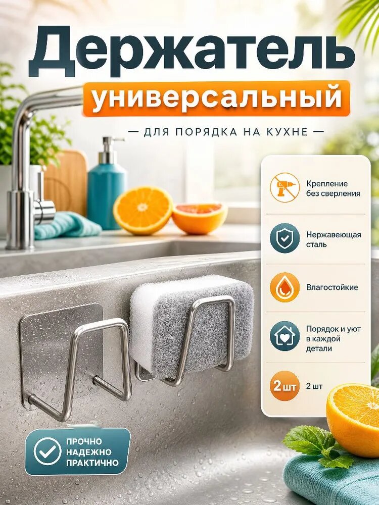 Крючки самоклеющиеся, держатель для губки в раковину, органайзер для кухни и ванной комнаты, держатель для крышек из нержавеющей стали, набор крючков нак липучке 2 шт