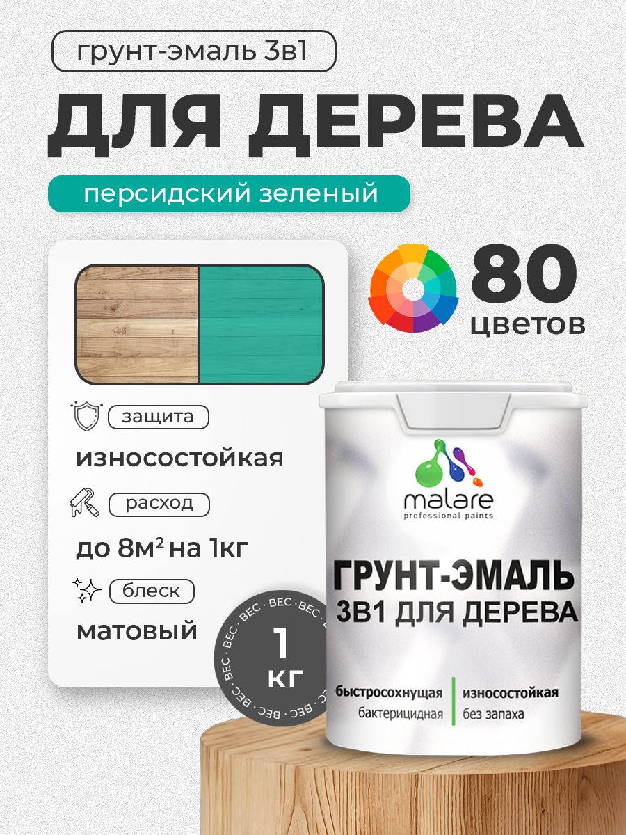 Акриловая Грунт-Эмаль 3 в 1 Malare для деревянных поверхностей/ краска по дереву с антисептическим эффектом/ быстросохнущая моющаяся без запаха матовая, персидский зеленый, 1 кг