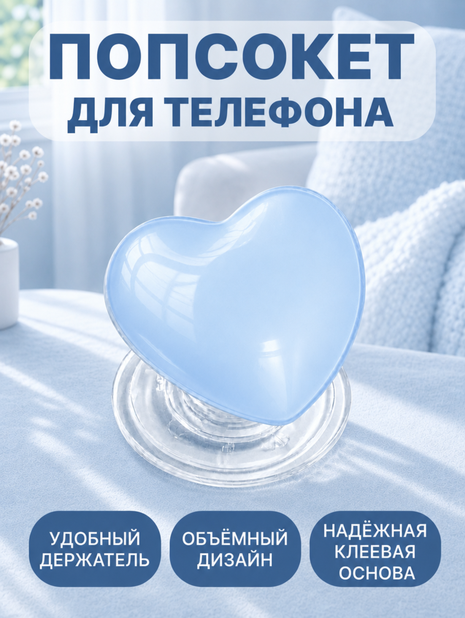 Попсокет - держатель для телефона "Сердце", подставка универсальная, пластик, голубой