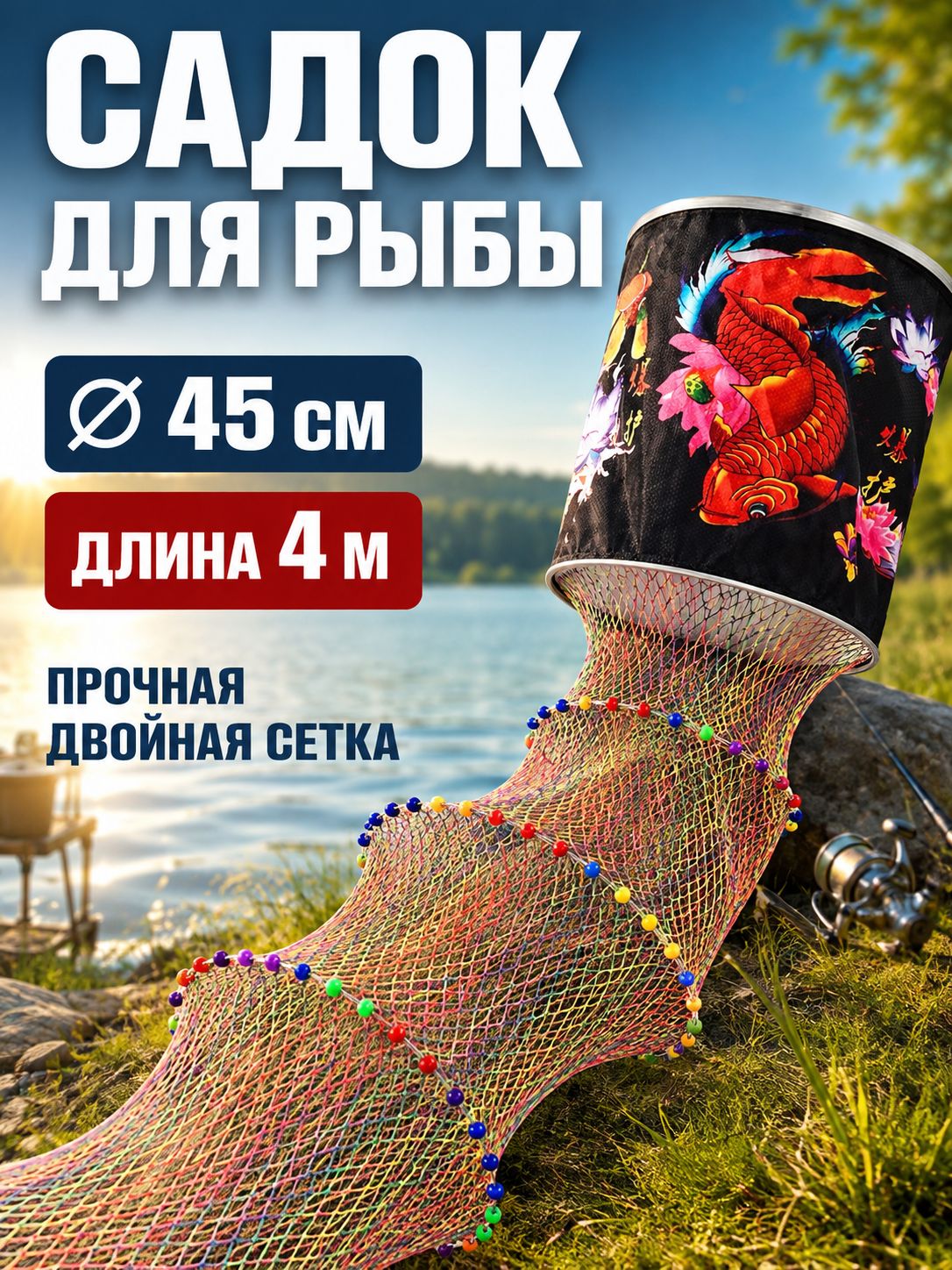 Карповый садок рыболовный складной усиленный 45 см, 4 м, двойная сетка