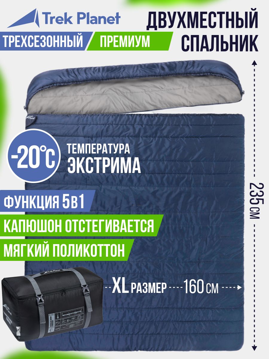 Спальный мешок зимний двухместный TREK PLANET Vasto Double LUX, спальник туристический, две молнии, одеяло, цвет синий