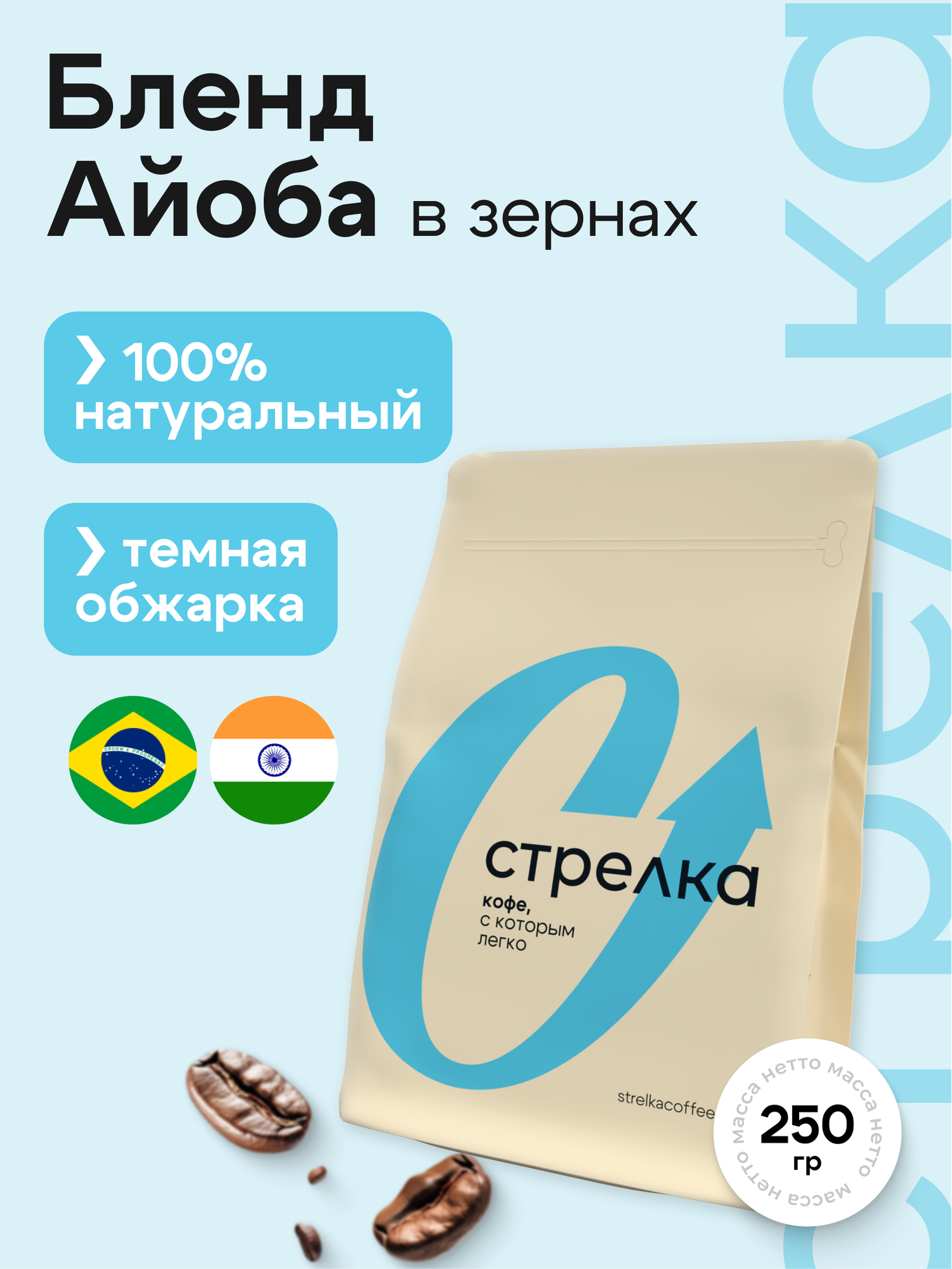 Кофе в зернах Арабика 100% Декаф 1кг, Гватемала, свежеобжаренный, натуральный, без кофеина, Стрелка кофе